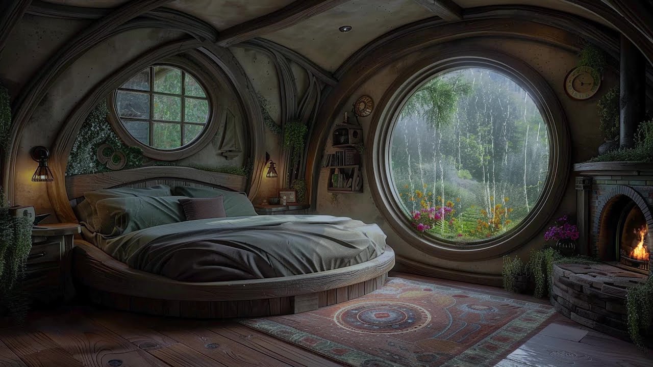 Hobbit Home In Forest On Rainy Night: Campfire, Rain & Thunder Sound ...