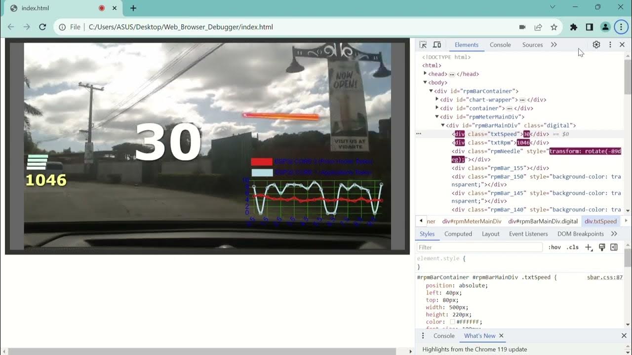 Sample Demo of EQM_OBDWEB HTML page with a WEBCAM Background with realtime OBDII Car metrics ...