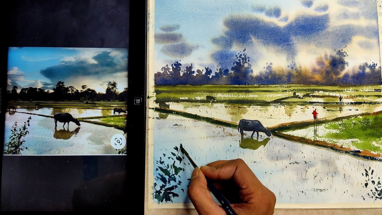 Watercolor Landscape Painting Demo | Simple Water reflection painting ...