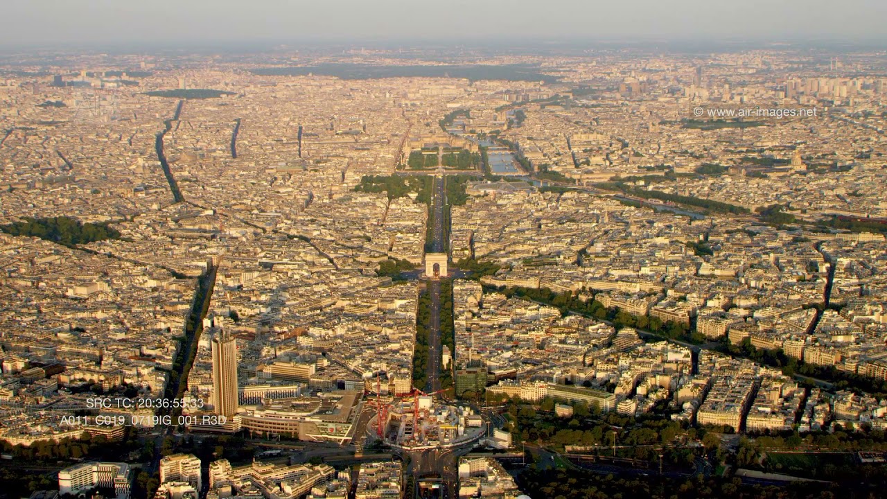 Aerial footage/ The Triumphal Way from Paris La Défense up to Paris center / L' Axe Historique ...