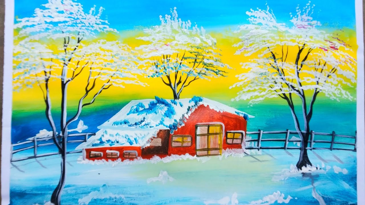 Snow night home painting || drowing for snow house - YouTube