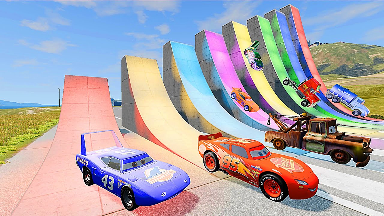 Pixar Cars VS Mega Ramp - Сrazy Jumps McQueen Tow Truck Mater The King ...