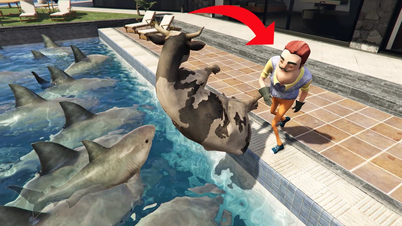 الجار الغاضب يربي اسماك القرش في المسبح hello neighbor sharks in pool ...
