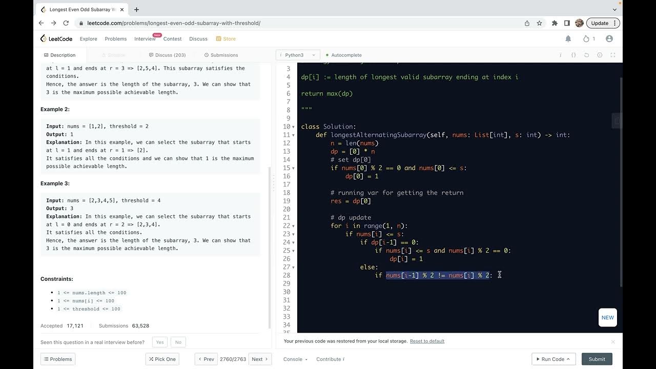 leetcode 2760. Longest Even Odd Subarray With Threshold - Dynamic Programming or just for loop ...