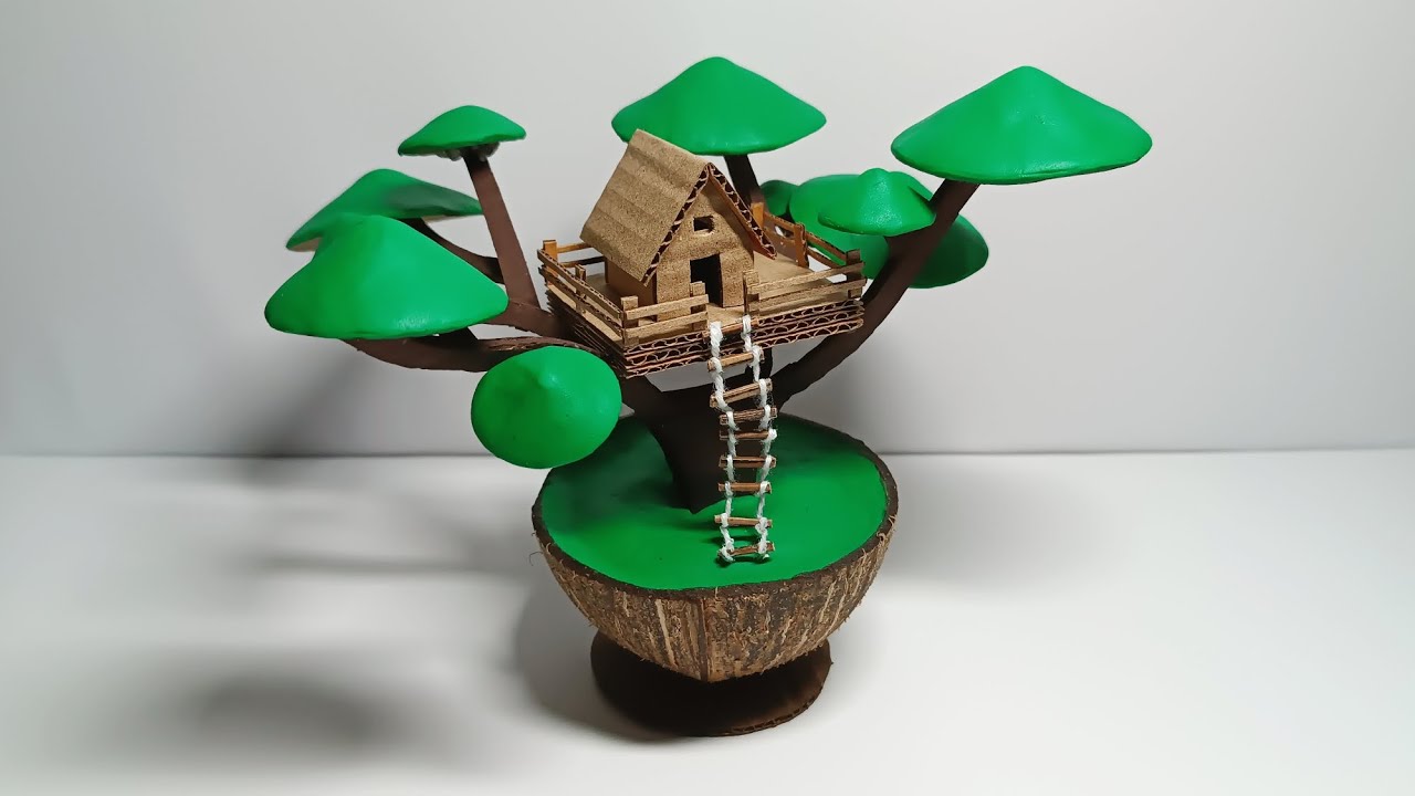 how to make a Tree 🌳 house in coconut 🥥 shell in cardboard - YouTube