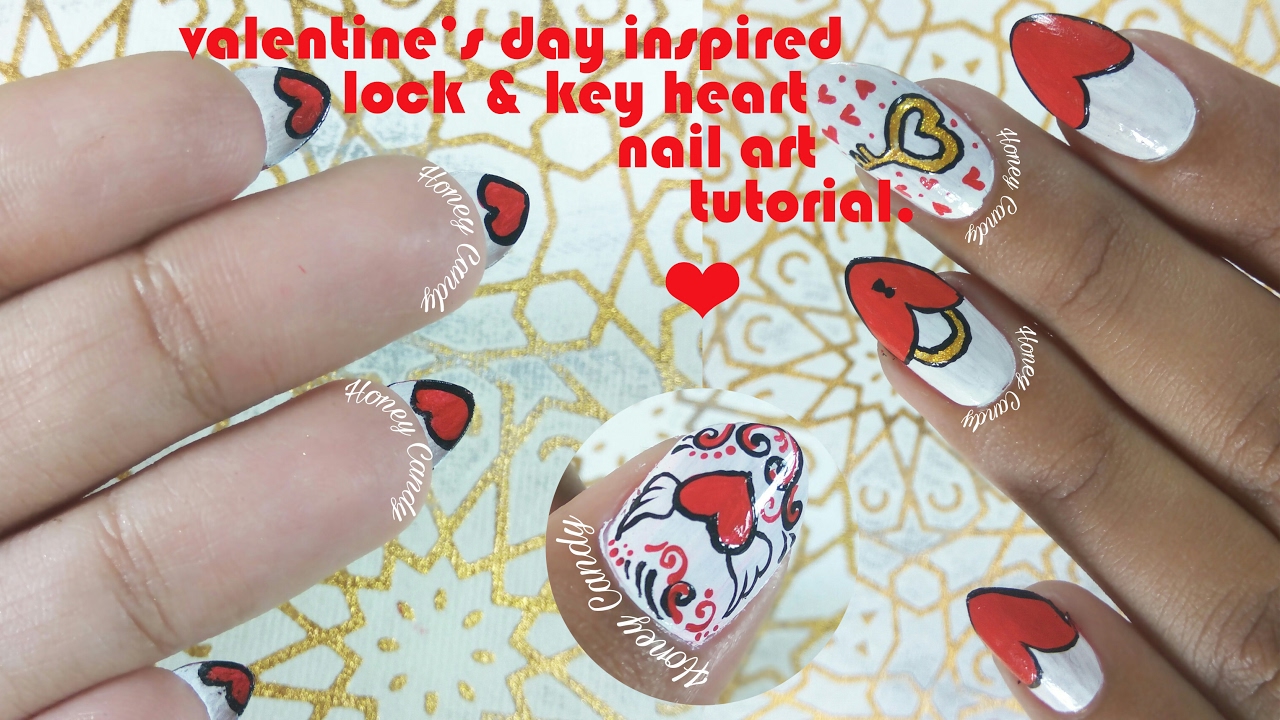 Valentine's day inspired heart lock & key nail art(100 cross ...