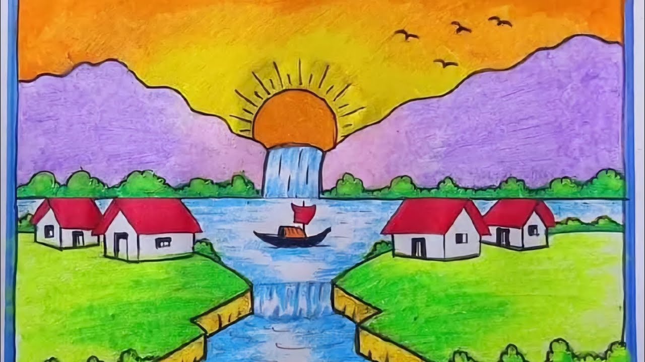 How to Draw Beautiful Mountain Lake | Easy Scenery Drawing - YouTube