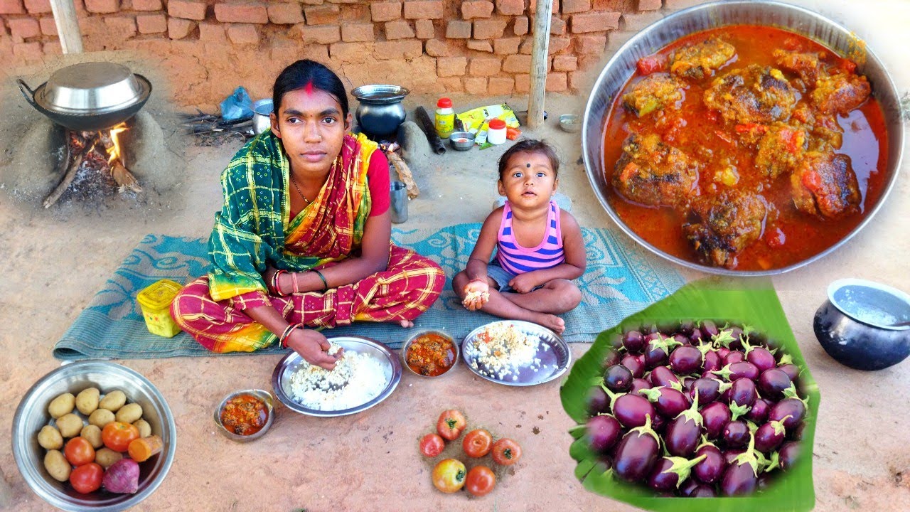 Brinjal kofta curry recipe cooking and eating//Rural village orissa//poor women cooking - YouTube