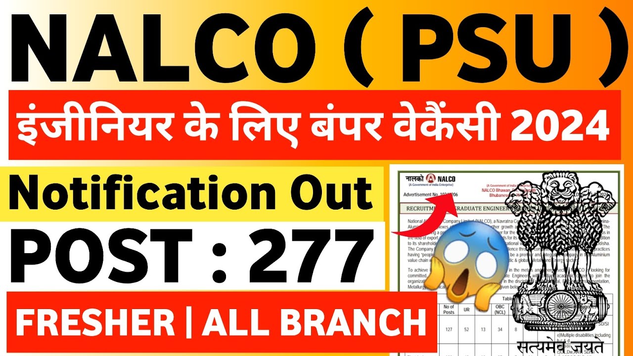 NALCO ( PSU ) Recruitment 2024 | Post 277 Fresher Engineer Permanent ...