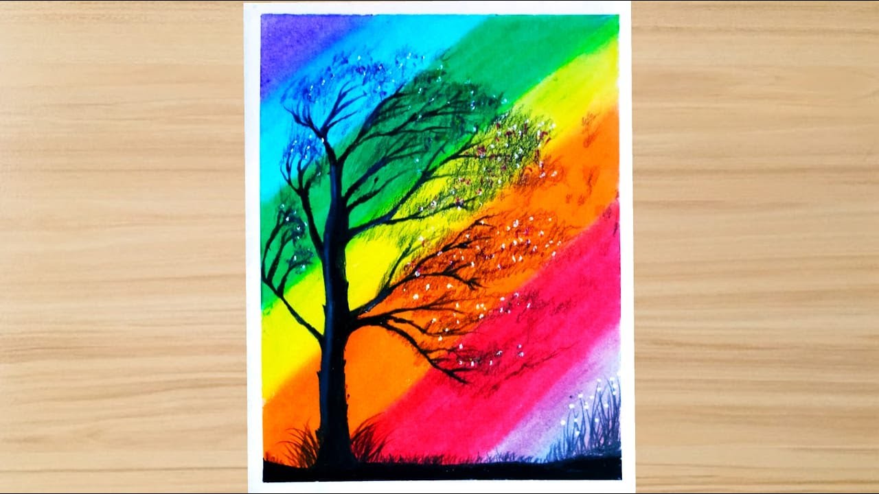 Beautiful single tree scenery with rainbow colors/Oil pastels/The ...