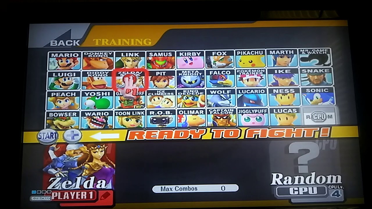 Super Smash Bros. Brawl Menu (Melee) when P1 is Zelda,CPU is Random ...