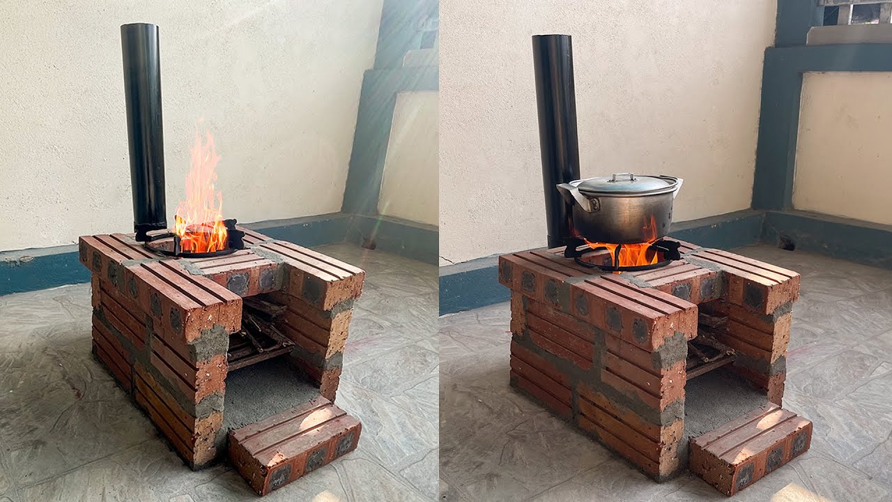 How to make a mini wood stove from red bricks and cement - YouTube