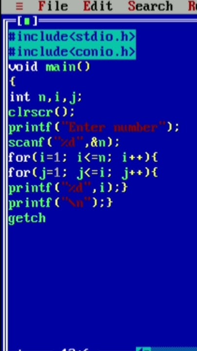 write a program c language in print half pyramid using numbers😎#trending #shortvideo # ...