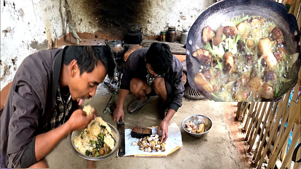 Pork fry & green leaves mix curry recipe with Corn Rice | Pork Recipe ...