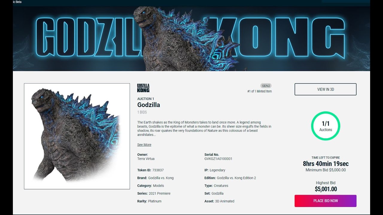 NFT Godzilla Kong 3D View || Terra Virtua NFT Auction - YouTube