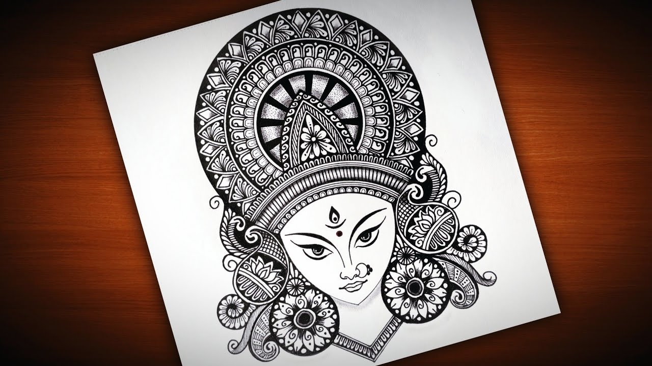 Maa Durga drawing|How to draw maa durga face|Durga Maa Face Mandala art ...