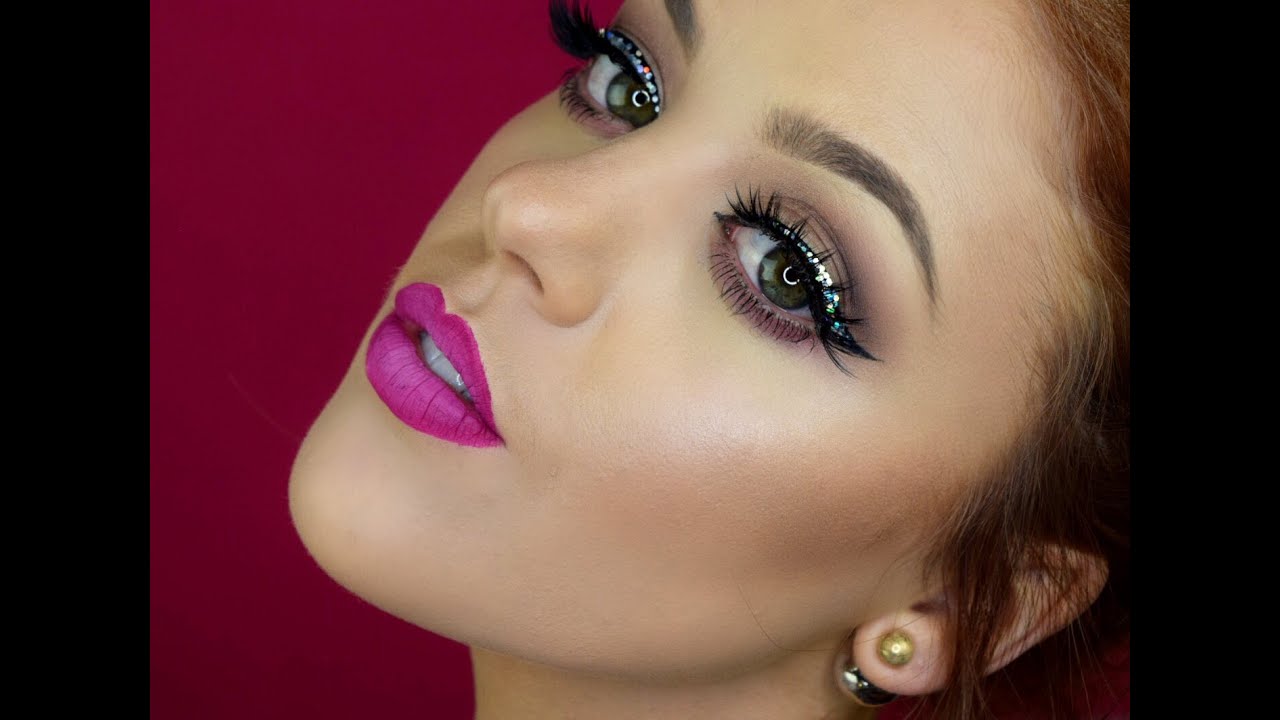 New Years Eve Easy Glitter Winged Eyeliner & Hot Pink Lips Makeup Tutorial - YouTube