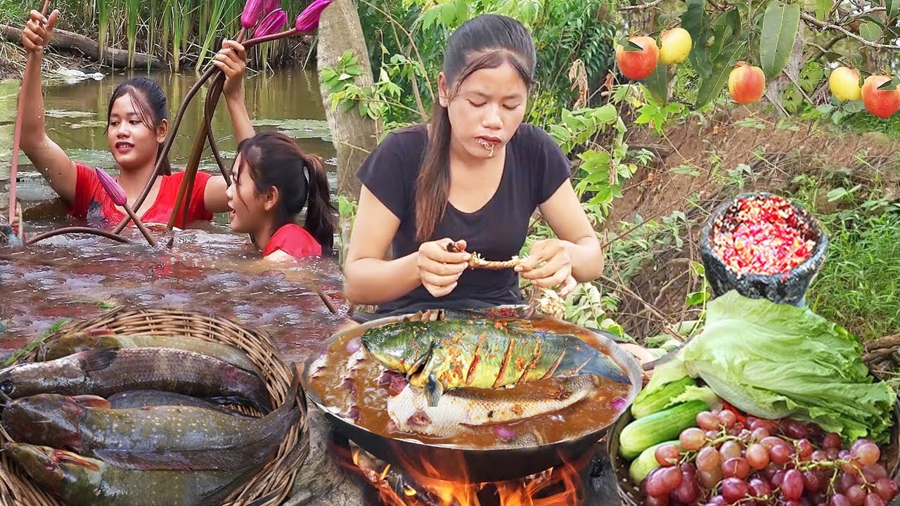 Fresh fish in river for food in jungle - Cooking fish for dinner - Solo ...