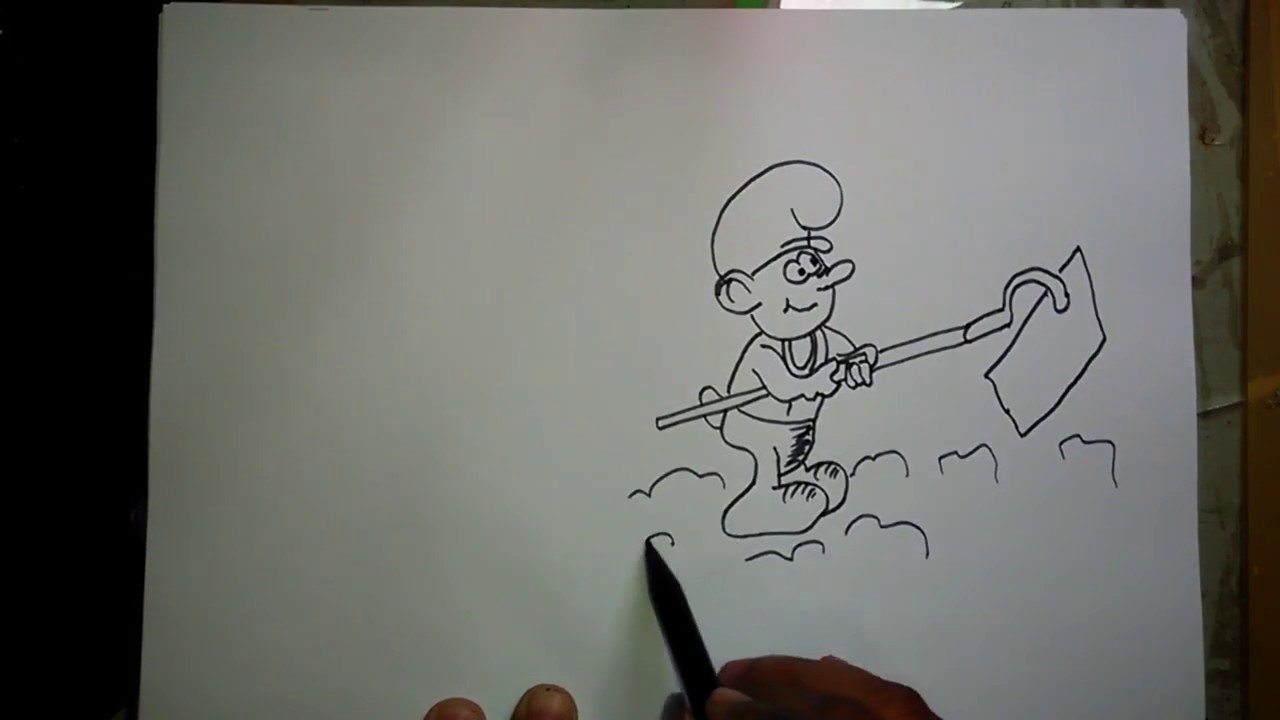 Drawing a cartoon pinocchio hoeing next to his house - YouTube