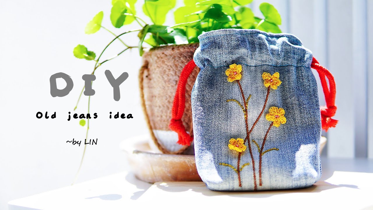 DIY Old jeans idea / Simple drawstring bag sewing tutorial for beginner ...