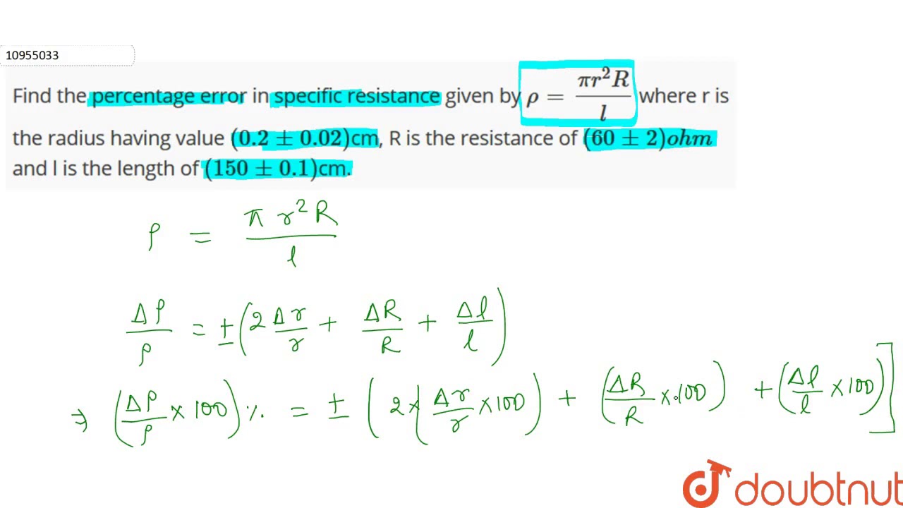 Find the percentage error in specific resistance given by `rho = (pir ...