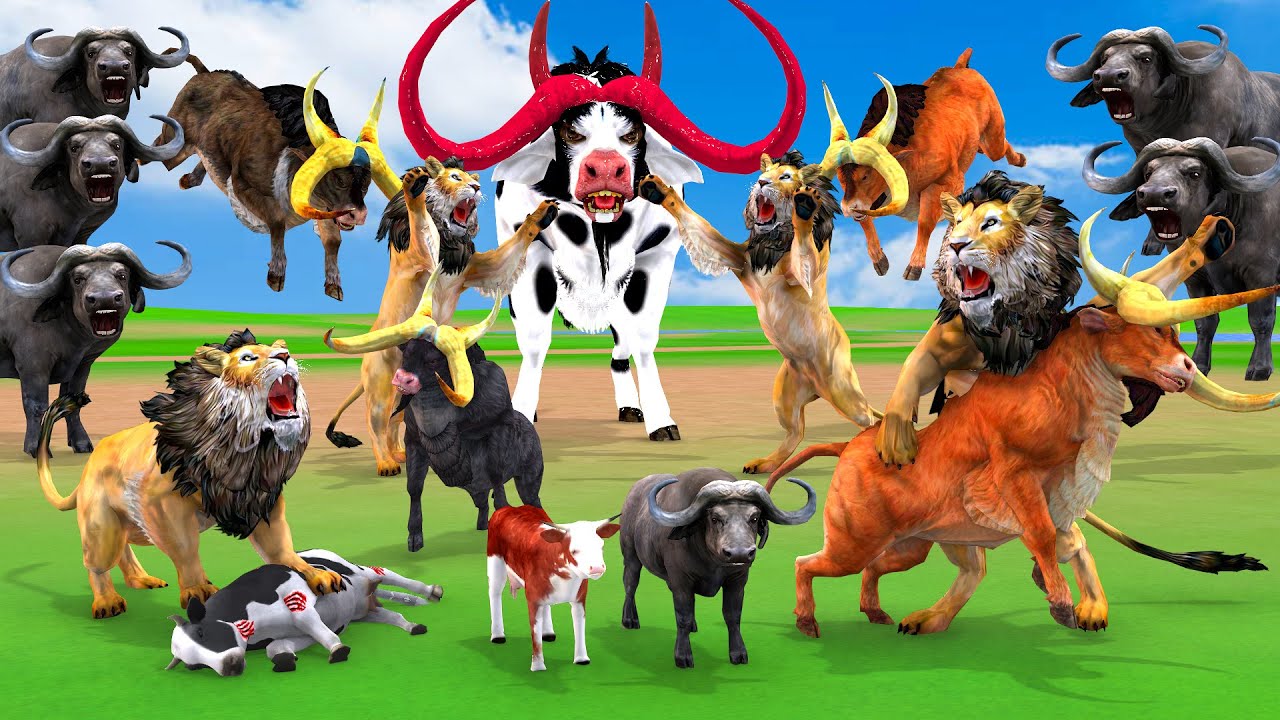 Giant bulls vs Lion Animal Fight | Cartoon Cow Sad Story | Animal ...