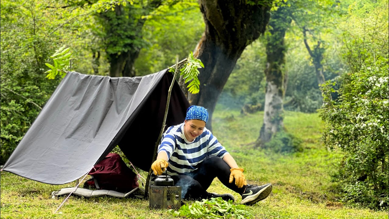 spring camp in the forest; Building a canopy with a foundation in ...