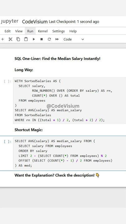 ⚡ SQL One-Liner: Find the Median Salary Instantly! #SQL #DataScience #SQLShorts - YouTube