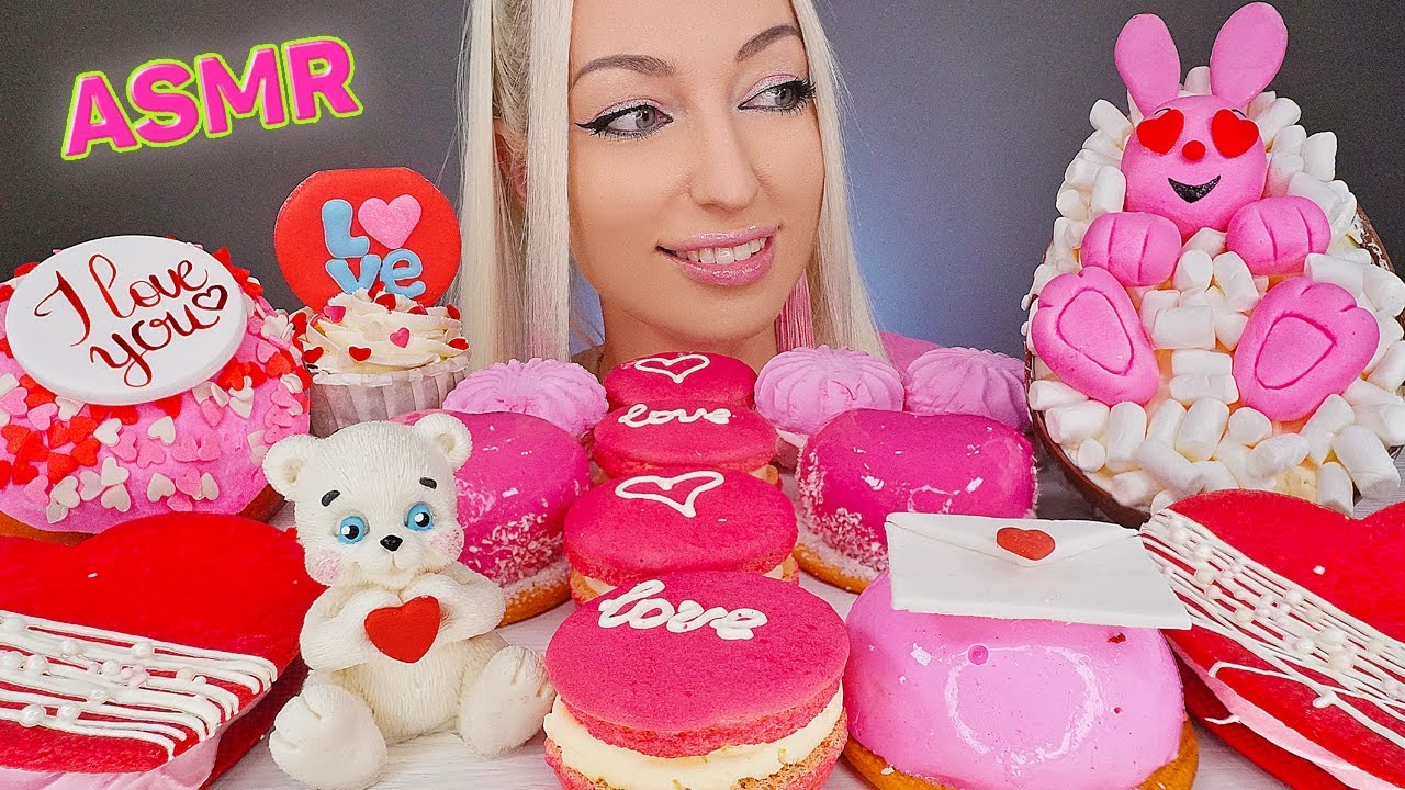 ASMR EATING PINK FOOD, VALENTINE’S DAY CANDY, CHOCOLATE, CAKE, 컬러, 디저트 ...