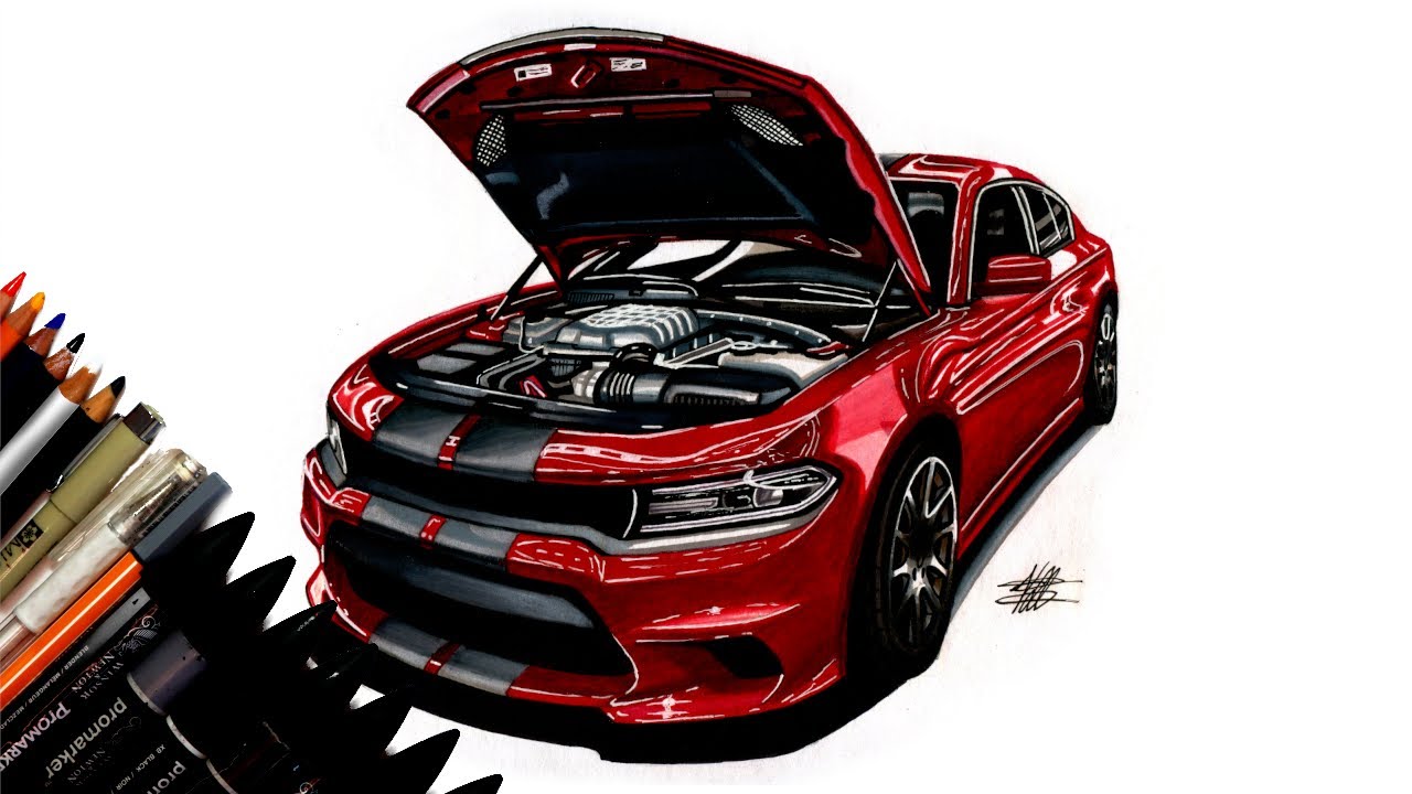 Realistic Car Drawing - Dodge Charger SRT Hellcat - Time Lapse ...