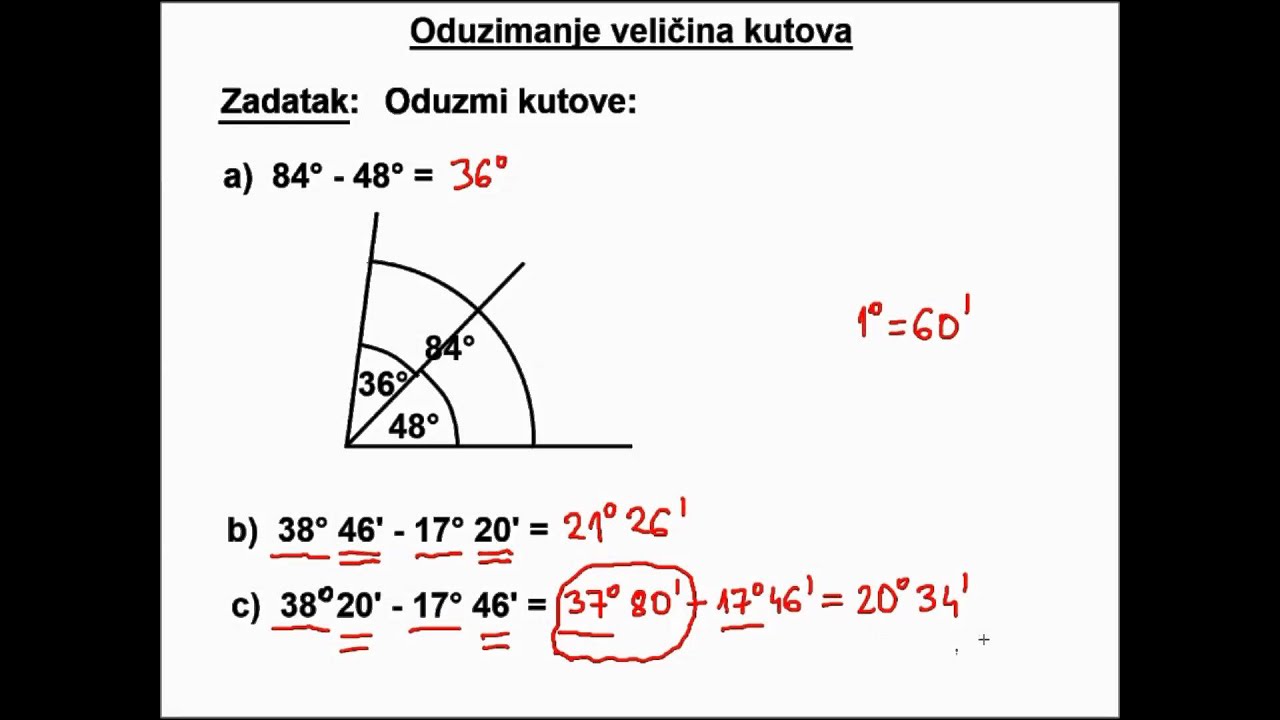 Oduzimanje veličina kutova - YouTube