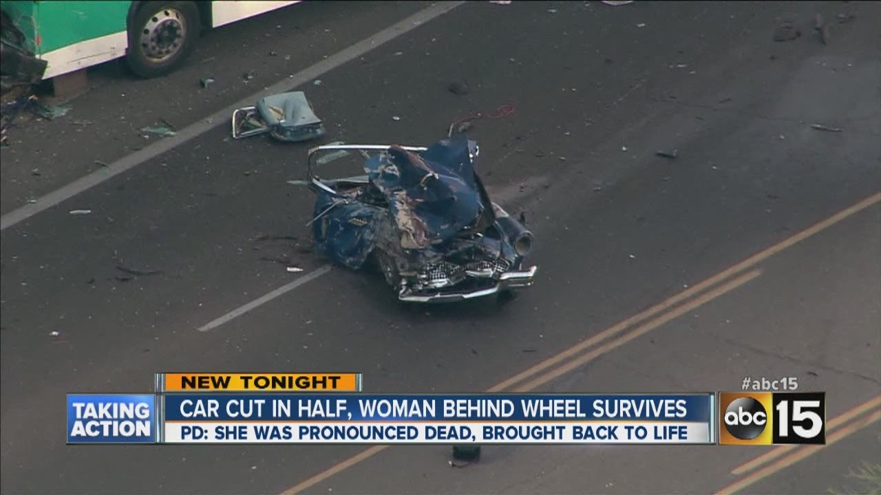 Car cut in half, woman behind wheel survives - YouTube