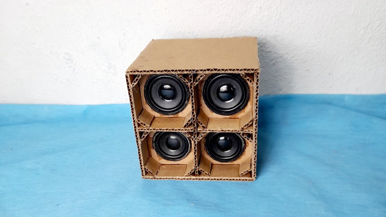 como fazer uma caixinha de som de grave para 4 mini alto falante no papelão - YouTube