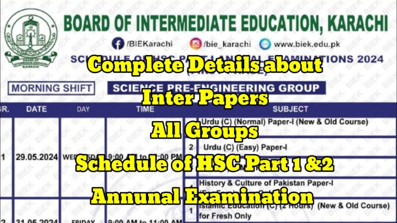 Schedule of HSC Part 1& 2 Annual Examination 2024 board of intermediate ...