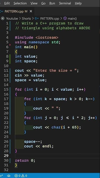 PATTERN-47||Alphabet Pyramid pattern in C++ programming🔺📘📕 #shorts ...