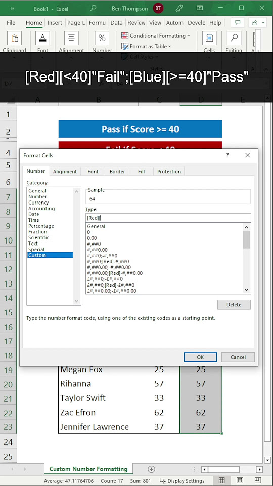 Custom Number Formatting in Excel: Using Logic to Return Pass or Fail - YouTube