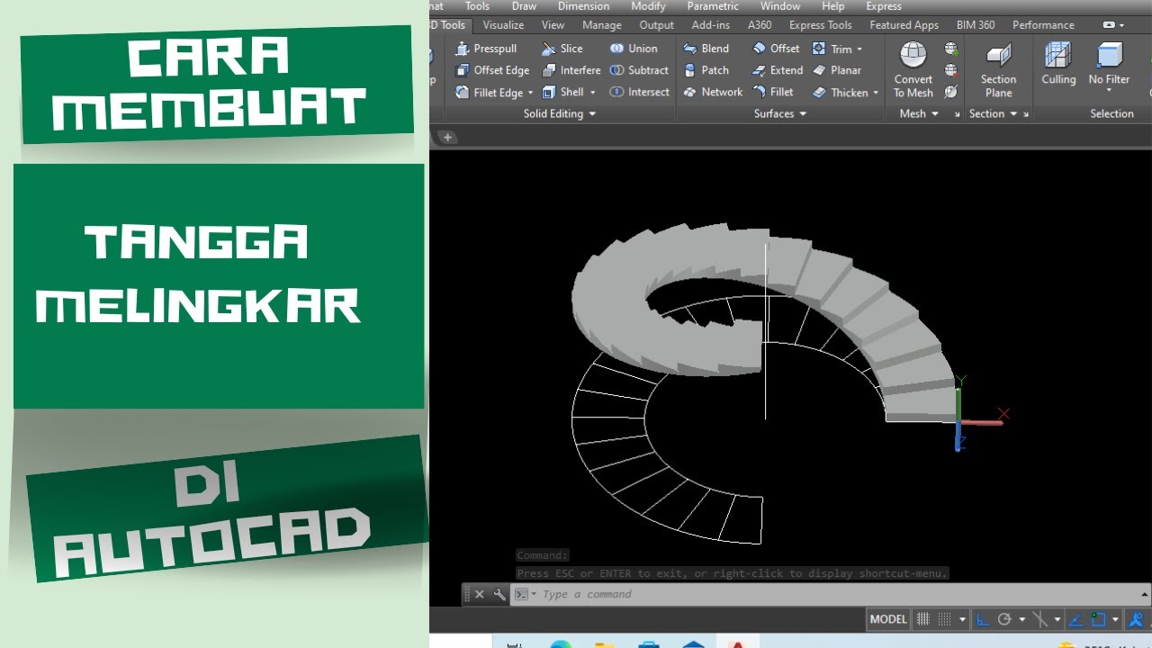 cara membuat tangga melingkar di autocad - YouTube