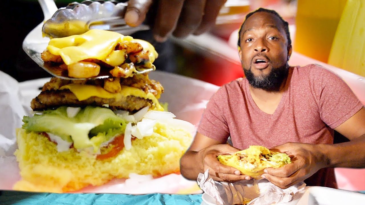The ZESSER BURGER at Trini Street Cafe in Curepe, T&T | jadeeeats - YouTube