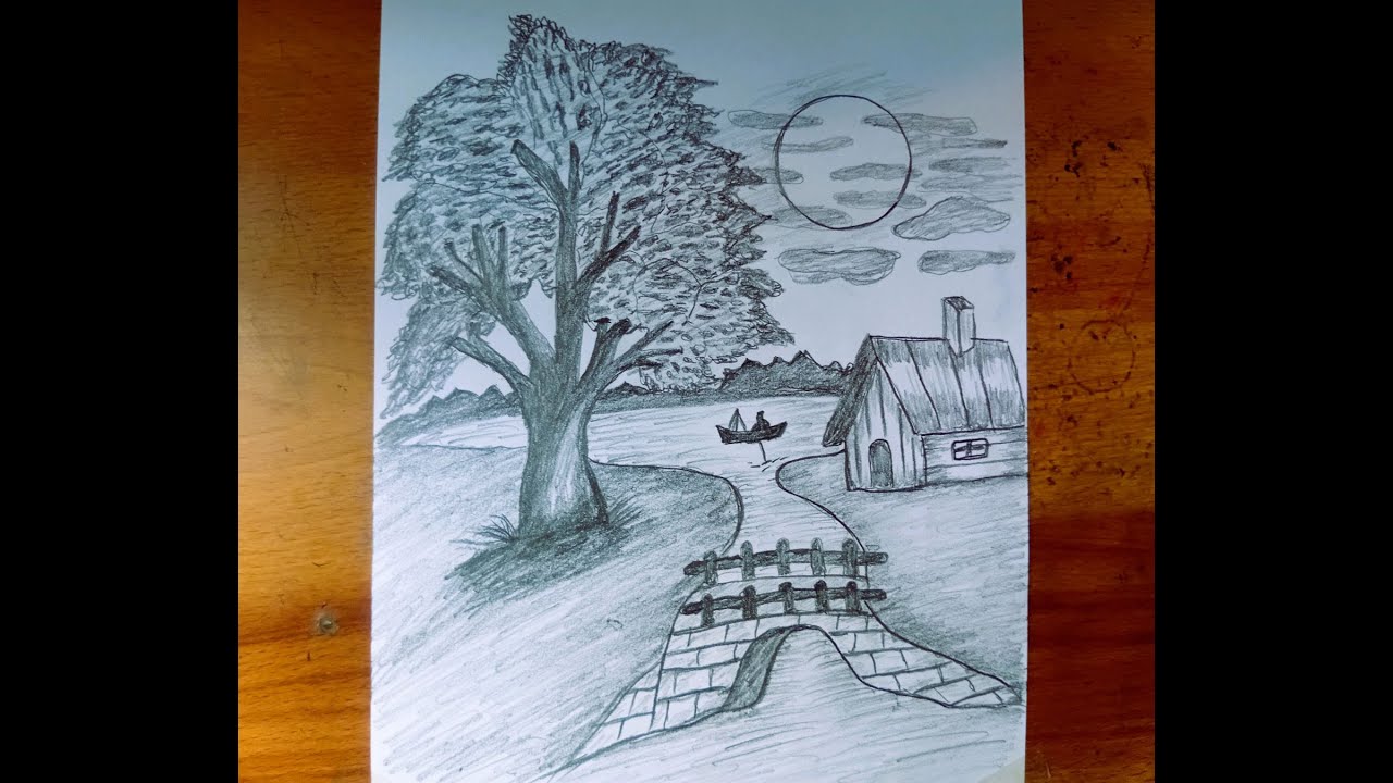 Lake and very Old beautiful Tree drawing/lake /Clouds /House - YouTube