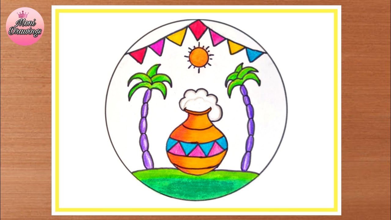 Happy Pongal drawing easy | Pongal special drawing | Pongal pot drawing ...