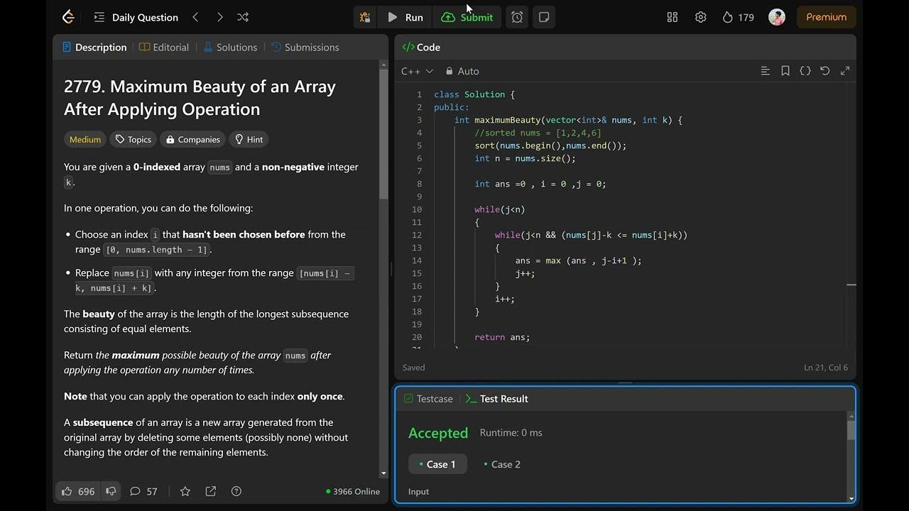 2779. Maximum Beauty of an Array After Applying Operation | C++ | Simple explanation | Leetcode ...