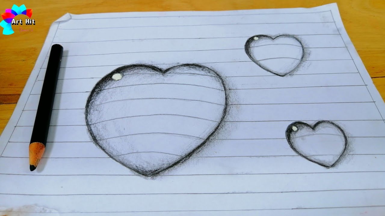How to Draw a 3D water Drop Heart Shape- Easy 3D Drawing - Art Hit ...