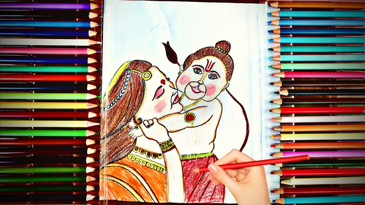 How to draw Anjani Devi and his son Lord Hanuman Drawing /Beautiful ...