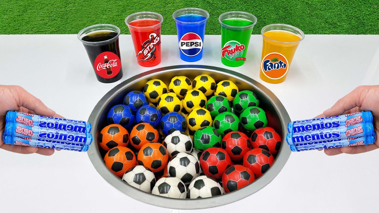 Mini Football VS Popular Sodas !!! Pepsi, Coca Cola, Fanta, Sting ...