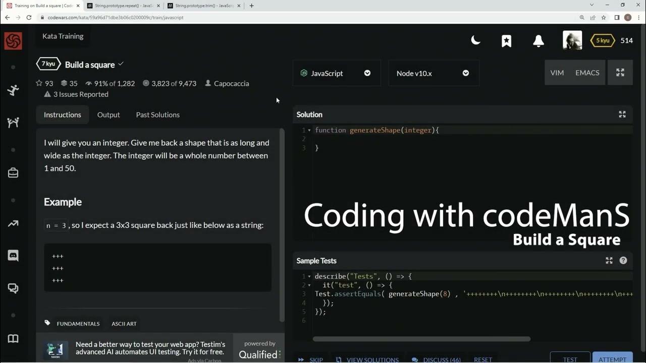 Codewars 7 kyu Build a Square JavaScript - YouTube