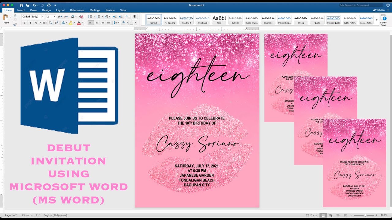PINK GLITTER | How to make DEBUT INVITATION in Microsoft Word (MS Word ...