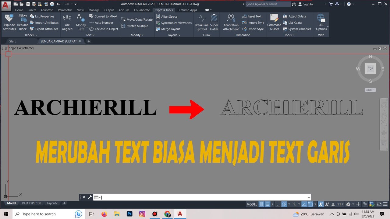 CARA MERUBAH TEXT BIASA MENJADI TEXT GARIS DI AUTOCAD - YouTube