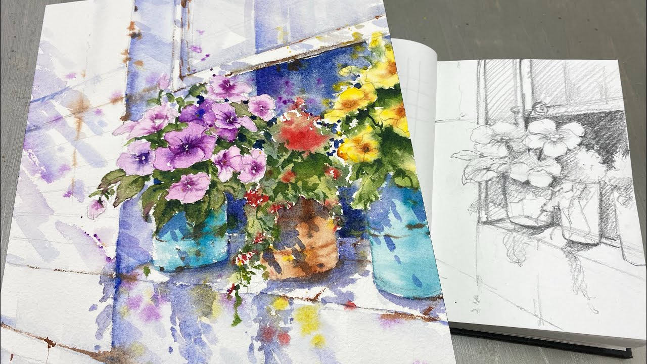 How to paint flower pot s on the window sill and to draw light and ...