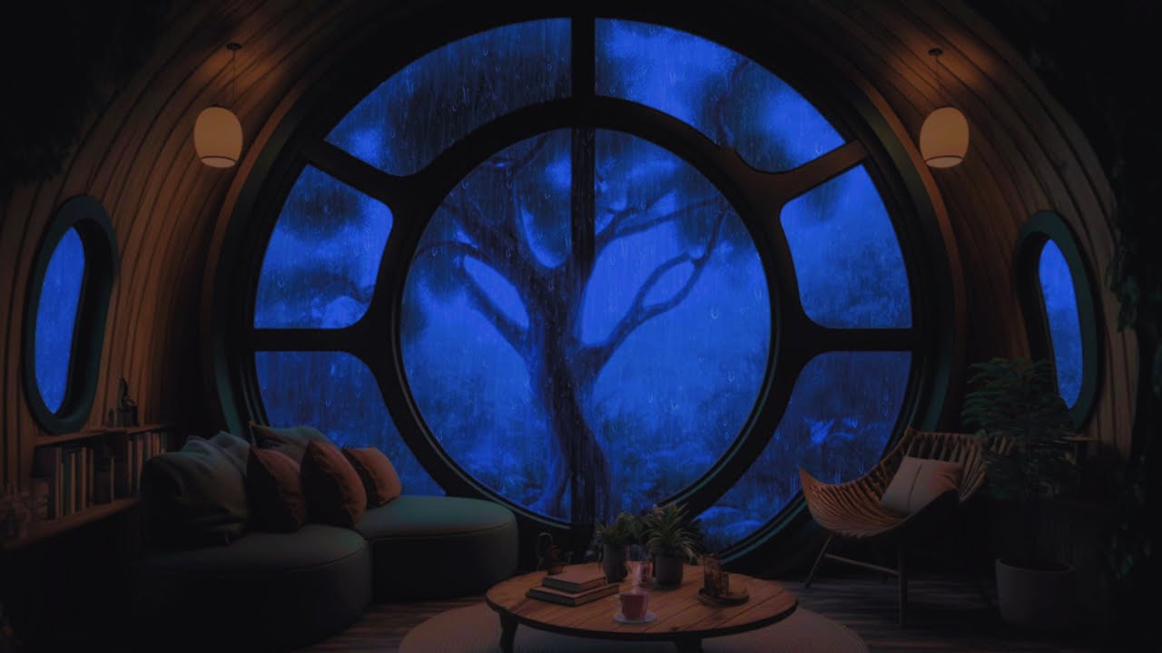 Strong Rain & Thunder falling on a Tree house with Blue Tinted Windows ...