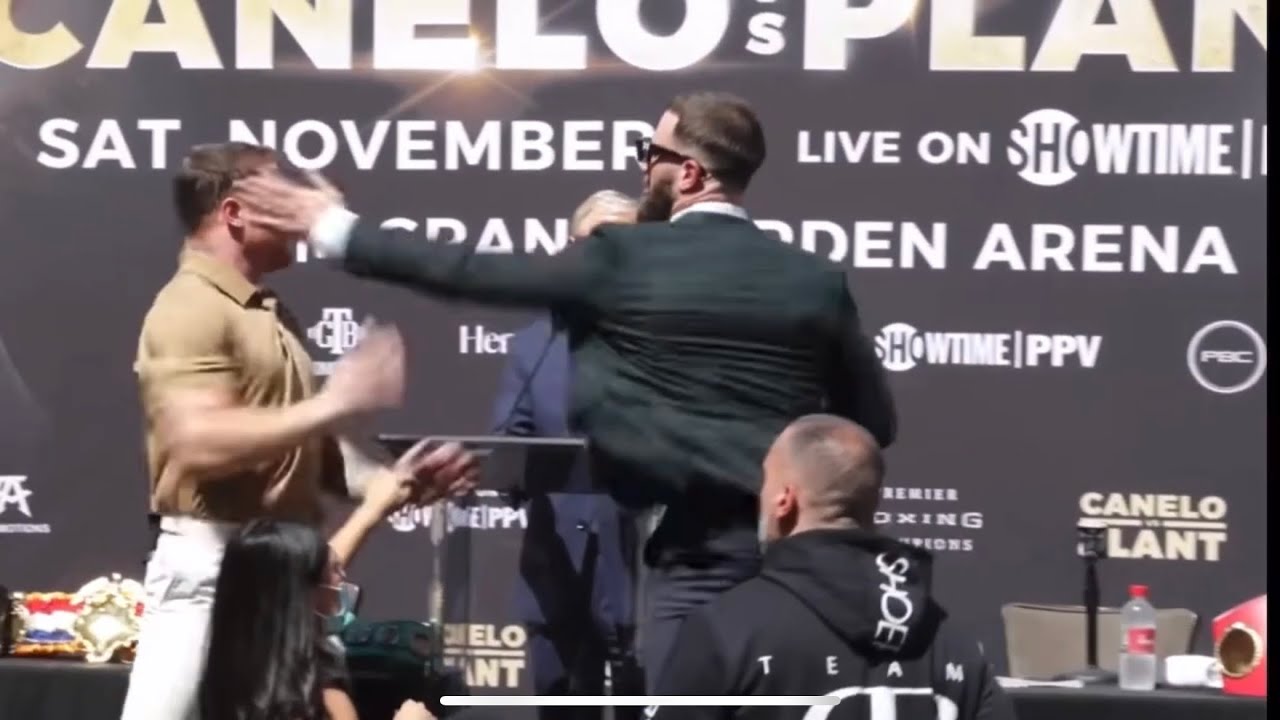 Canelo Alvarez dodges a slap from Caleb Plant during weigh ins - YouTube